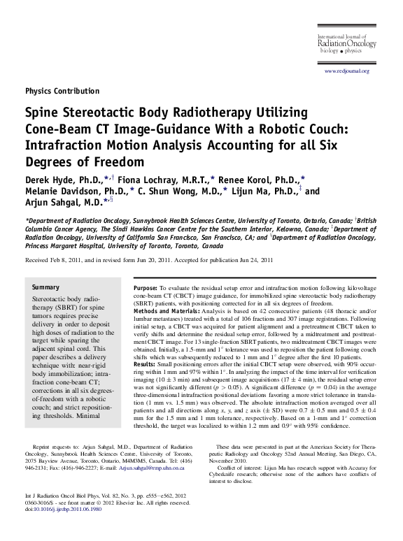 (PDF) Spine Stereotactic Body Radiotherapy Utilizing Cone-Beam CT Image-Guidance With a Robotic ...