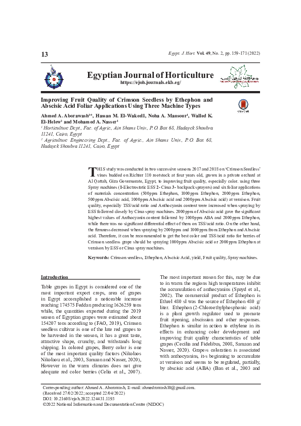 Pdf Improving Fruit Quality Of Crimson Seedless By Ethephon And