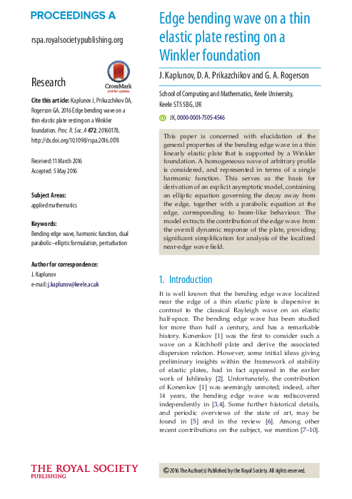 (PDF) Edge bending wave on a thin elastic plate resting on a Winkler foundation