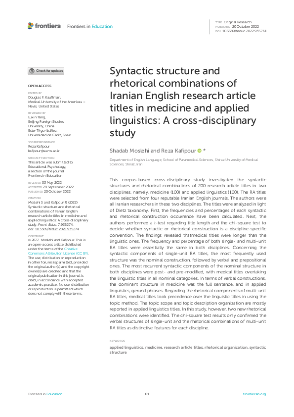 (PDF) Syntactic structure and rhetorical combinations of Iranian English research article titles ...