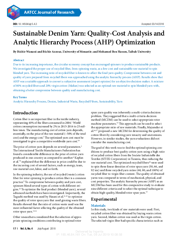 (PDF) Sustainable Denim Yarn: Quality-Cost Analysis and Analytic ...