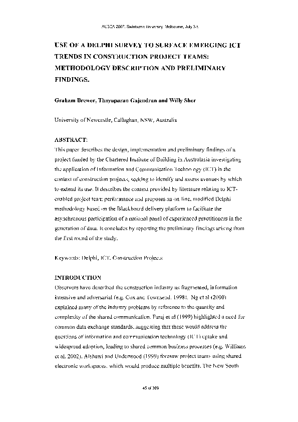 (PDF) Use of a Delpht Survey to Surface Emerging Ict Trends in Construction Project Teams ...