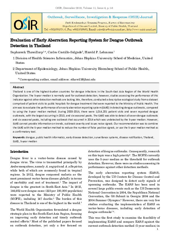 Pdf Evaluation Of Early Aberration Reporting System For Dengue