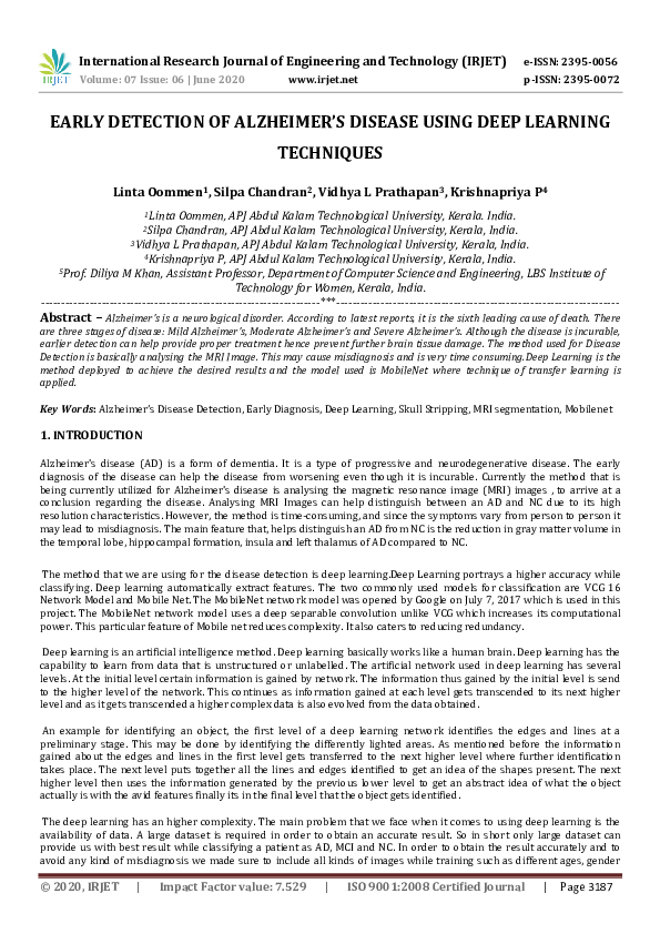 (PDF) Early Detection of Alzheimer’s Disease Using Deep Learning Techniques | Silpa Chandran pv ...