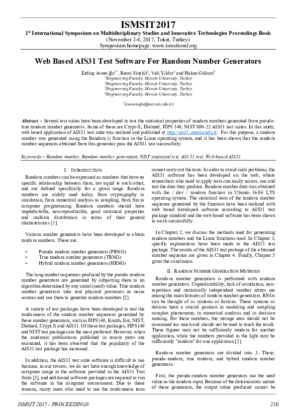 (PDF) Web Based AIS31 Test Software For Random Number Generators