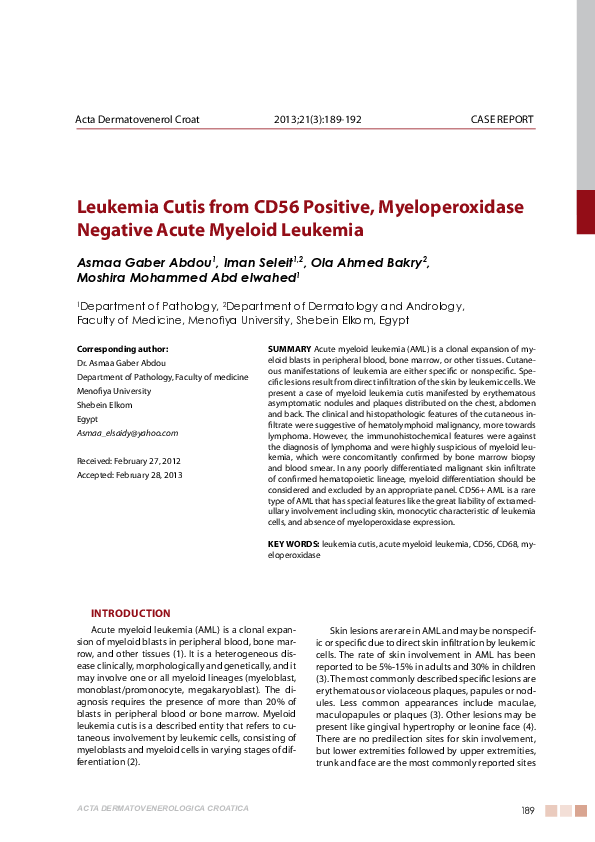 (PDF) Leukemia cutis from CD56 positive, myeloperoxidase negative acute myeloid leukemia
