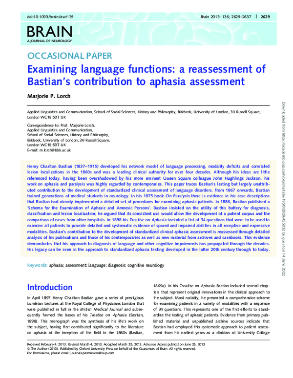 (PDF) Examining language functions: a reassessment of Bastian's ...