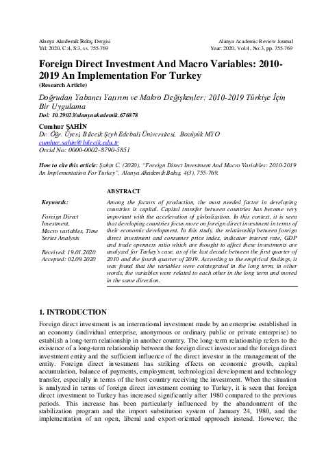 (PDF) Foreign Direct Investment and Macro Variables: 2010-2019 an Implementation for Turkey