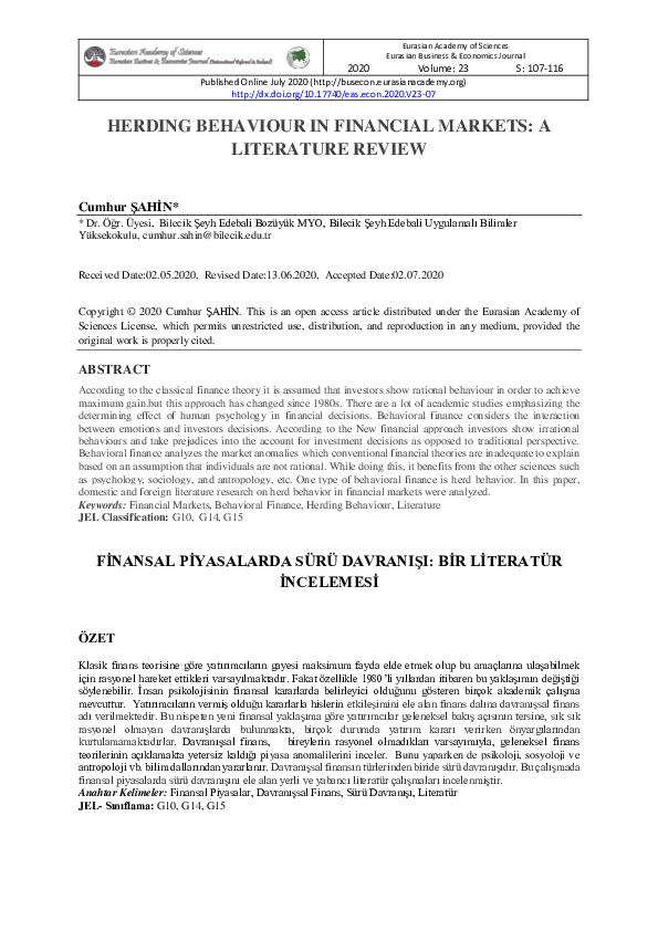 Pdf Herding Behaviour In Financial Markets A Literature Review