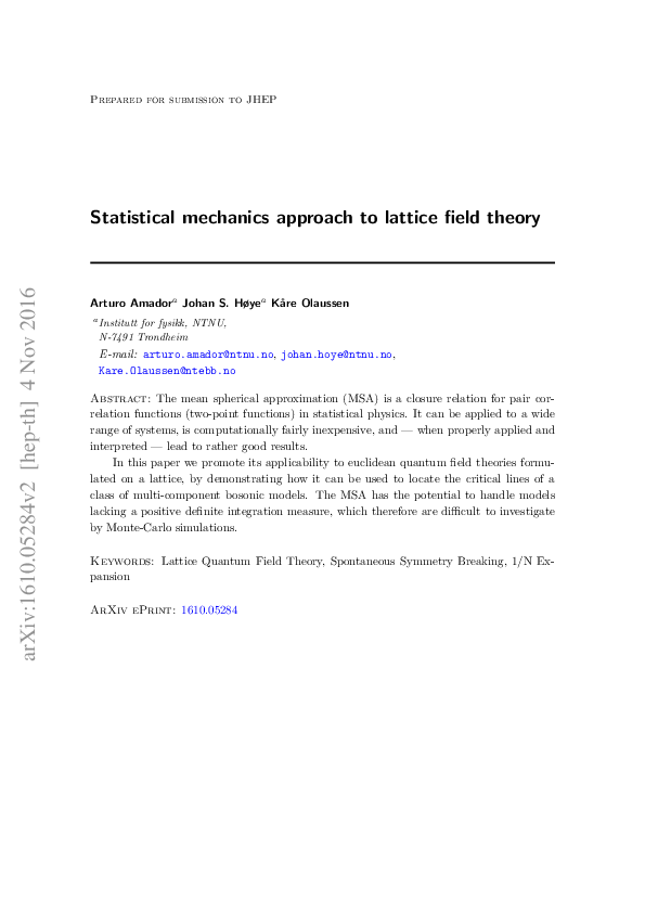 (PDF) Statistical mechanics approach to lattice field theory