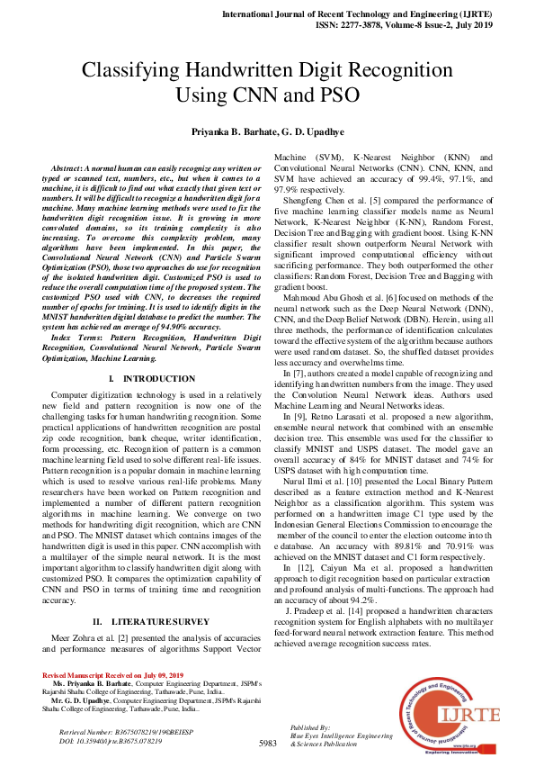 (PDF) Classifying Handwritten Digit Recognition using CNN and PSO