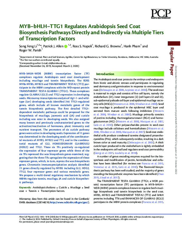 (PDF) MYB–bHLH–TTG1 Regulates Arabidopsis Seed Coat Biosynthesis ...