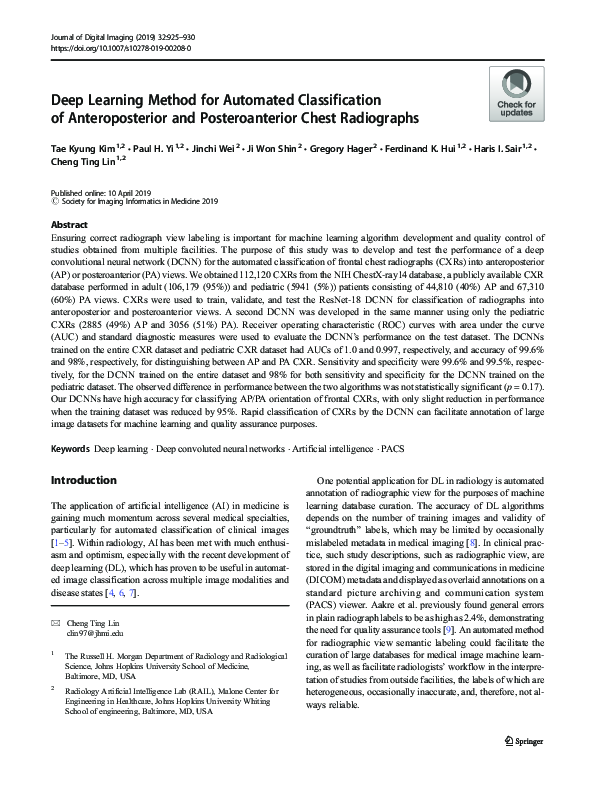 Pdf Deep Learning Method For Automated Classification Of Anteroposterior And Posteroanterior