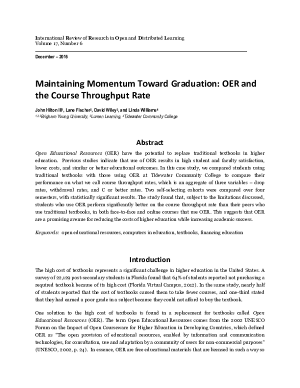 Maintaining Momentum Toward Graduation: OER and the Course Throughput Rate