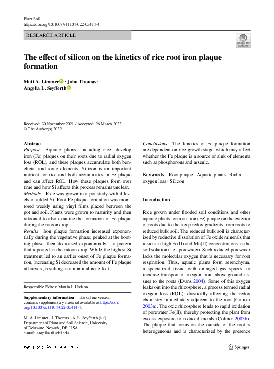 (PDF) Silicon's Impact on Rice Root Iron Plaque Kinetics