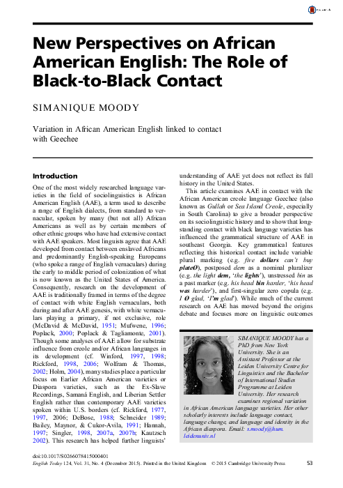 (PDF) New Perspectives on African American English: The Role of Black ...