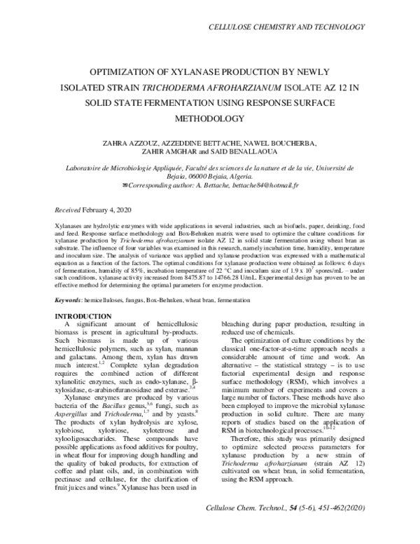 (PDF) Optimization of Xylanase Production by Newly Isolated Strain Trichoderma Afroharzianum ...