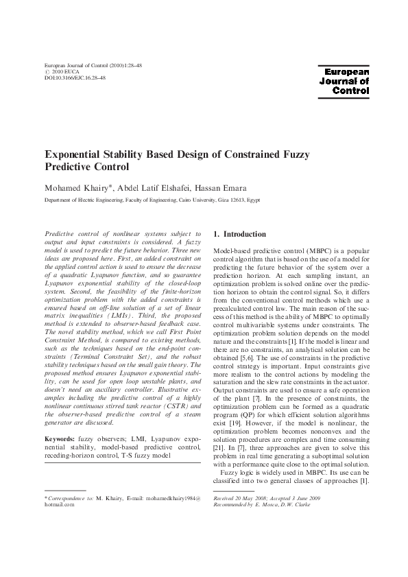 (PDF) Exponential Stability Based Design of Constrained Fuzzy Predictive Control