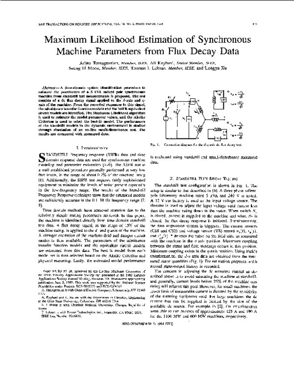 Pdf Maximum Likelihood Estimation Of Synchronous Machine Parameters From Standstill Time