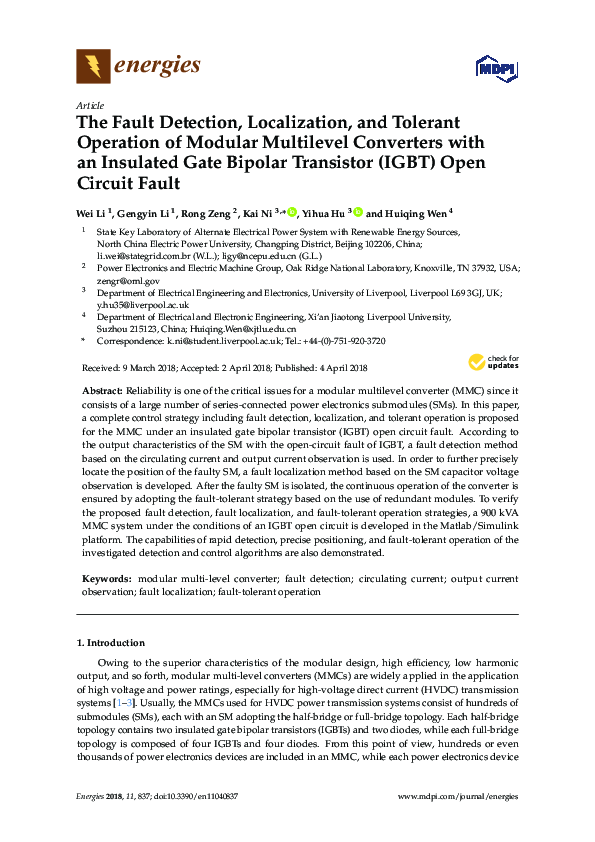 Pdf The Fault Detection Localization And Tolerant Operation Of Modular Multilevel Converters