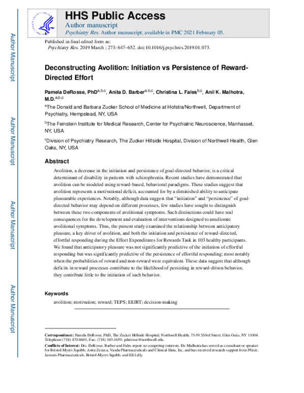 (PDF) Deconstructing Avolition: Initiation vs persistence of reward ...