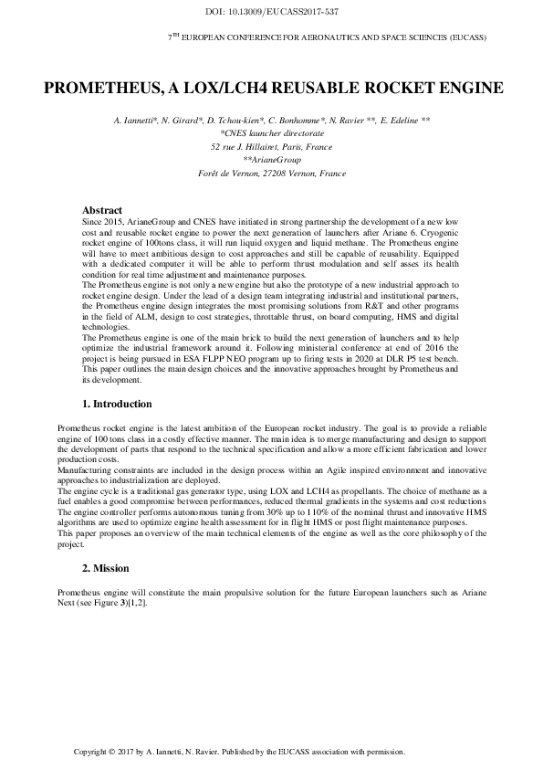 (PDF) Prometheus, a LOX/LCH4 reusable rocket engine