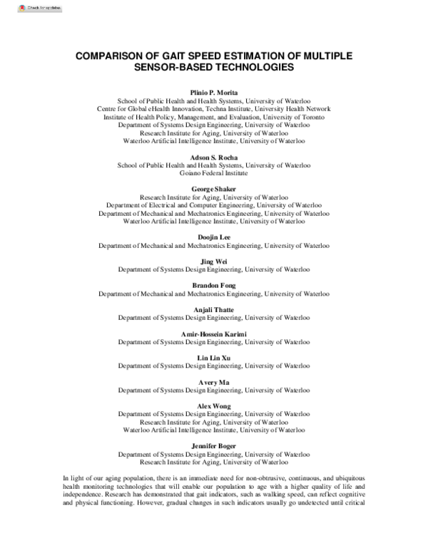 Pdf Comparison Of Gait Speed Estimation Of Multiple Sensor Based Technologies Anjali Thatte