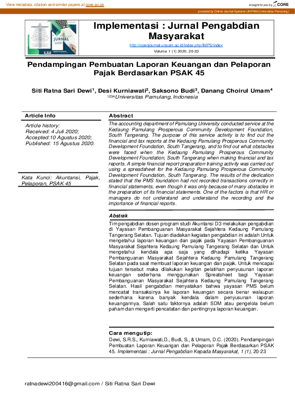 (PDF) Pendampingan Pembuatan Laporan Keuangan dan Pelaporan Pajak Berdasarkan PSAK 45