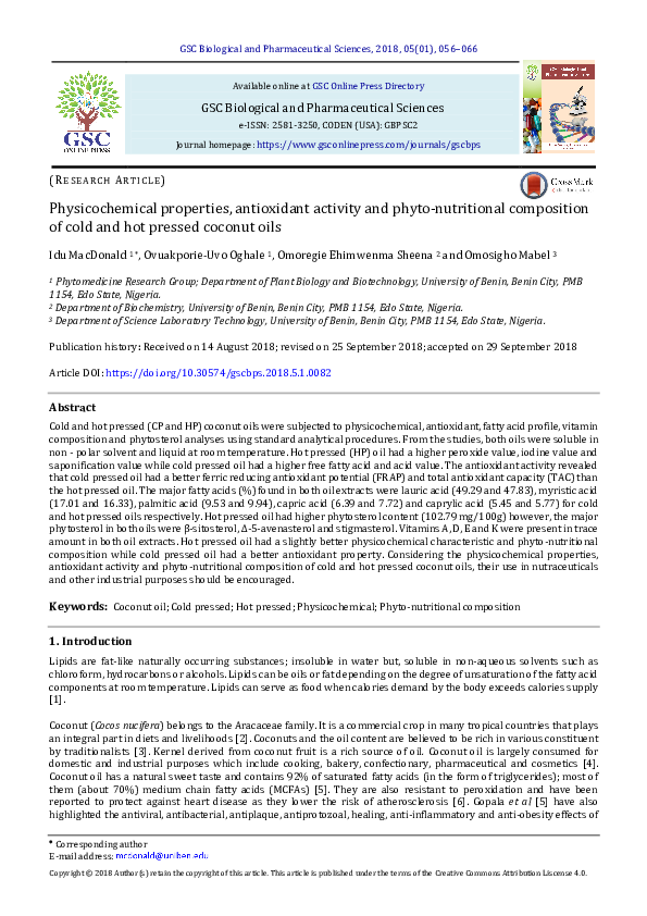 (PDF) Physicochemical properties, antioxidant activity and phyto-nutritional composition of cold ...