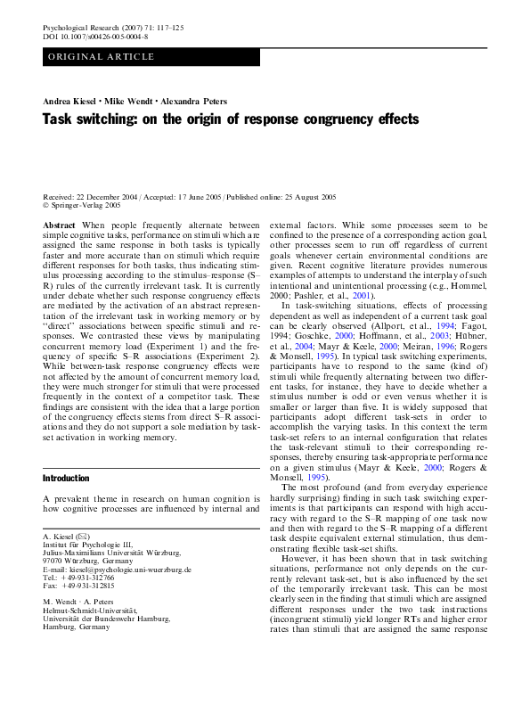 (PDF) Task switching: on the origin of response congruency effects