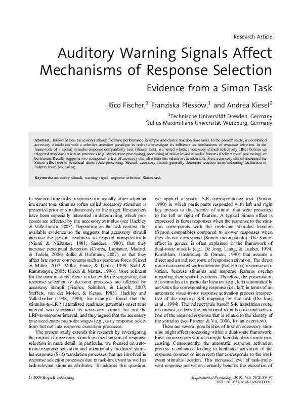 (PDF) Auditory Warning Signals Affect Mechanisms of Response Selection