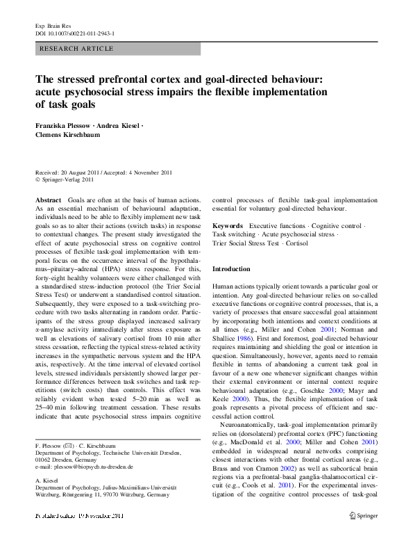 (PDF) The stressed prefrontal cortex and goal-directed behaviour: acute psychosocial stress ...