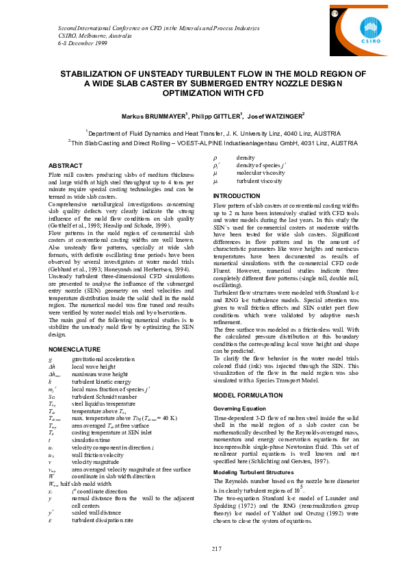 (PDF) Stabilization of Unsteady Turbulent Flow in the Mold Region of a Wide Slab Caster by ...