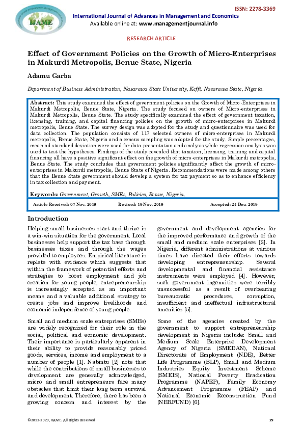 (PDF) Effect of Government Policies on the Growth of Micro-Enterprises in Makurdi Metropolis ...