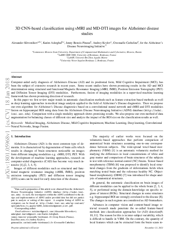 (PDF) 3D CNN-based classification using sMRI and MD-DTI images for Alzheimer disease studies