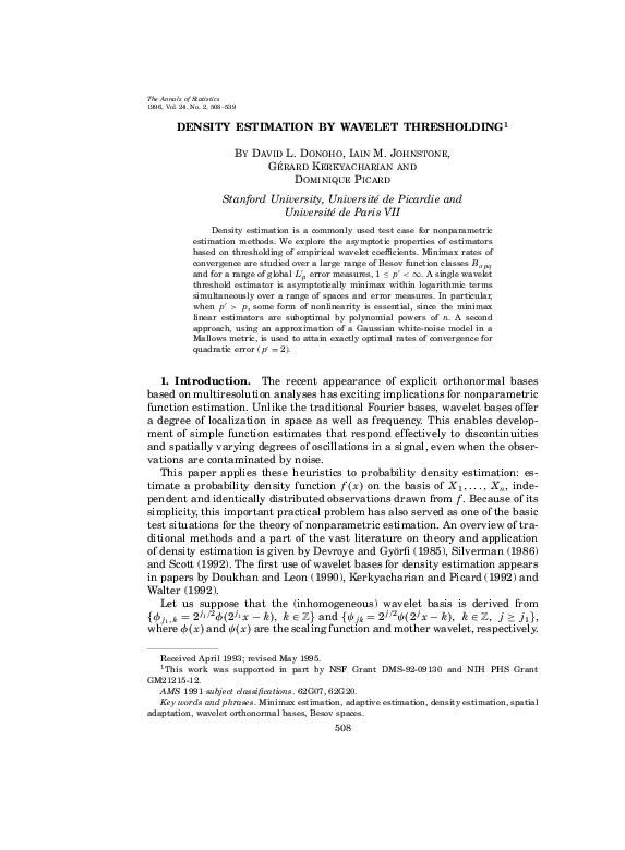 (PDF) Density estimation by wavelet thresholding