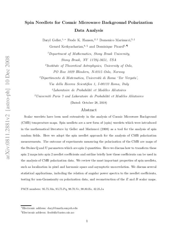 (PDF) Spin needlets for cosmic microwave background polarization data analysis