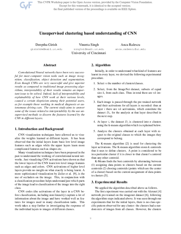 Pdf Unsupervised Clustering Based Understanding Of Cnn 