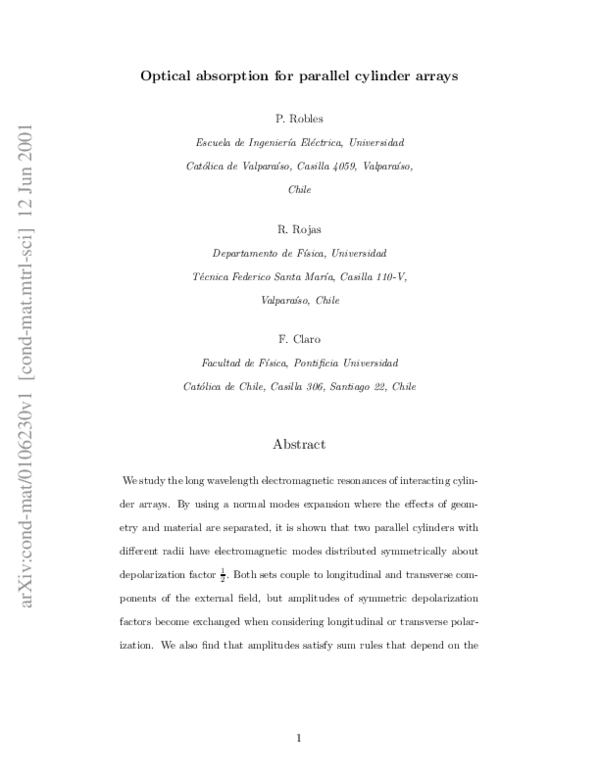 (PDF) Optical absorption for parallel cylinder arrays | roberto rojas ... (PDF) Optical absorption for parallel cylinder arrays | roberto rojas ...