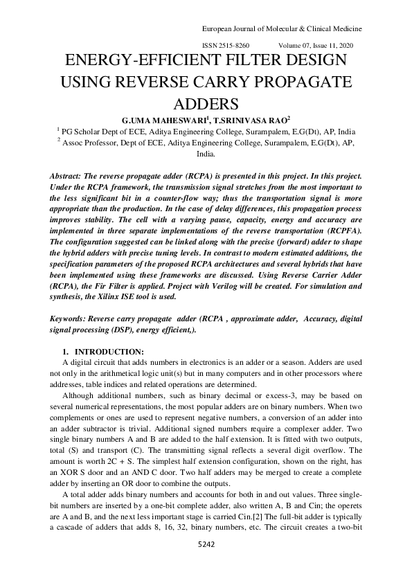 Pdf Energy Efficient Filter Design Using Reverse Carry Propagate Adders
