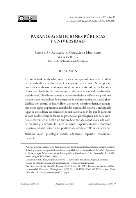 (PDF) Paranoia: emociones públicas y universidad | Sebastián Alejandro ...