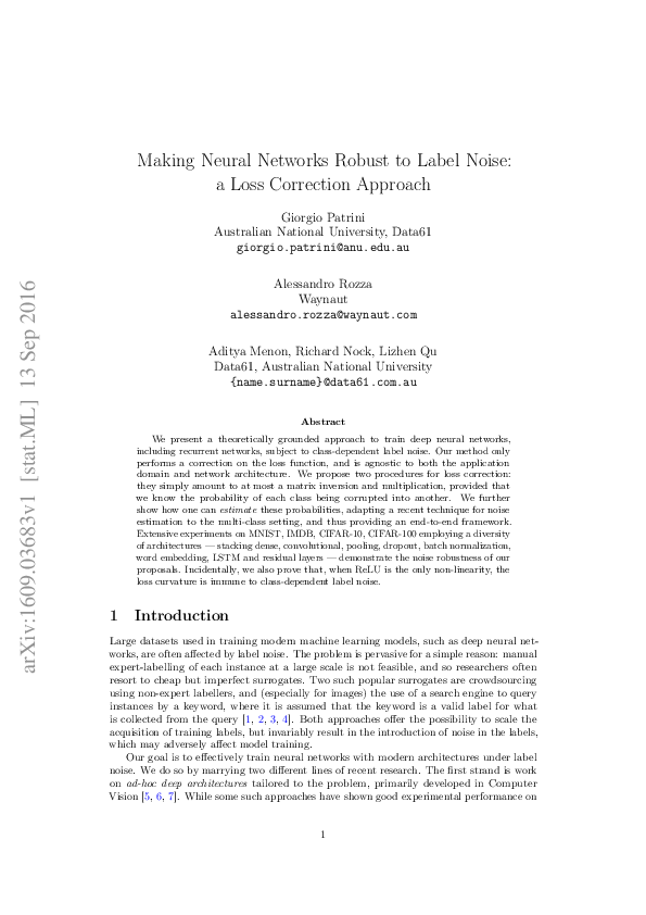Pdf Making Neural Networks Robust To Label Noise A Loss Correction Approach