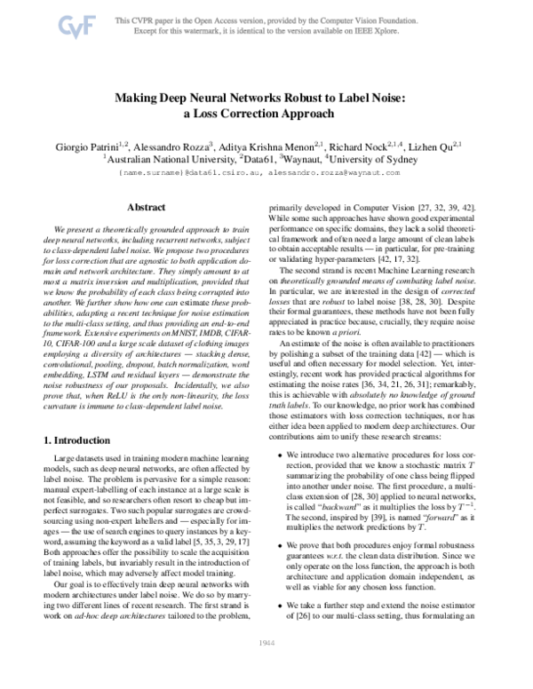 (PDF) Making Deep Neural Networks Robust to Label Noise: A Loss Correction Approach