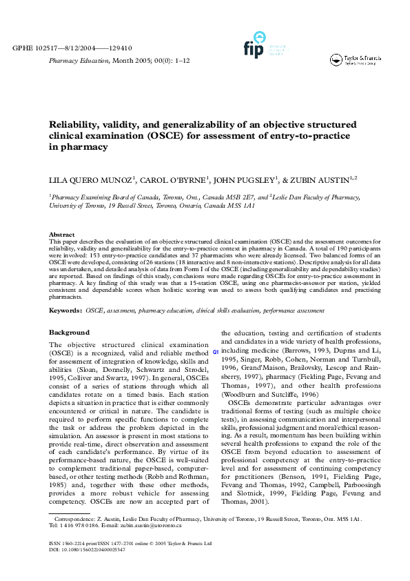 (PDF) Reliability, validity, and generalizability of an objective structured clinical ...