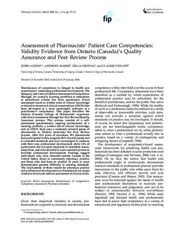(PDF) Assessment of Pharmacists' Patient Care Competencies: Validity ...