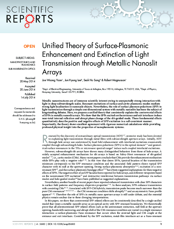 (PDF) Unified theory of surface-plasmonic enhancement and extinction of light transmission ...