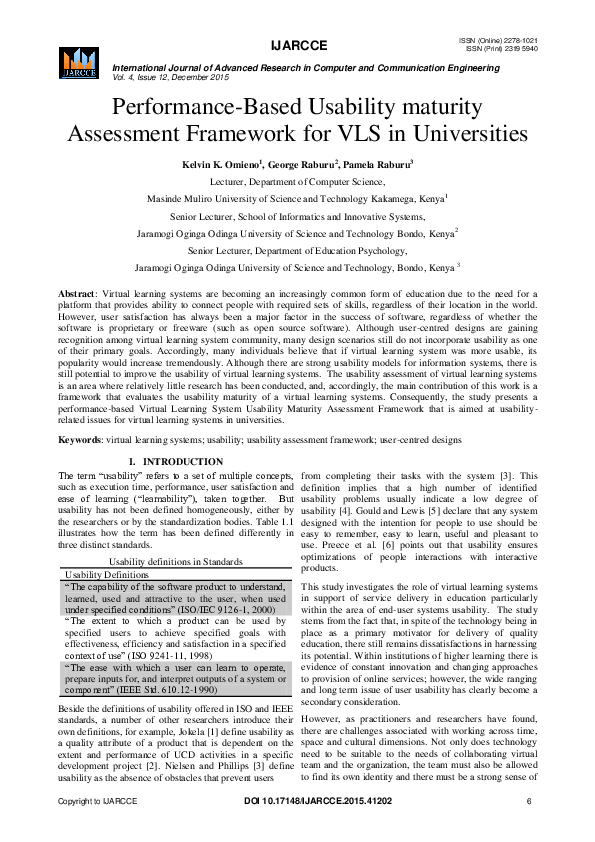 (PDF) Performance-Based Usability maturity Assessment Framework for VLS in Universities