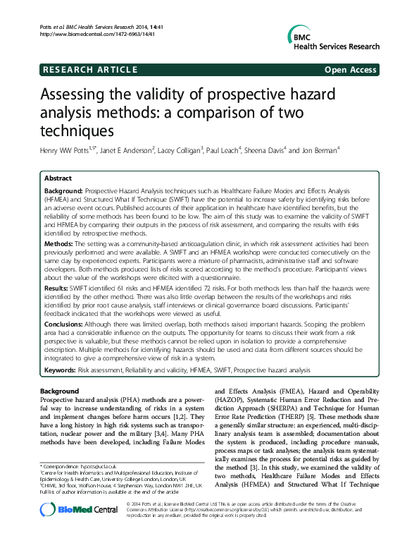 (PDF) Assessing the validity of prospective hazard analysis methods: a ...