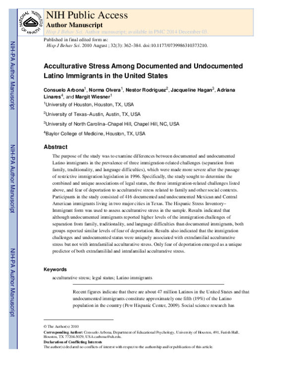 (PDF) Acculturative Stress Among Documented and Undocumented Latino ...