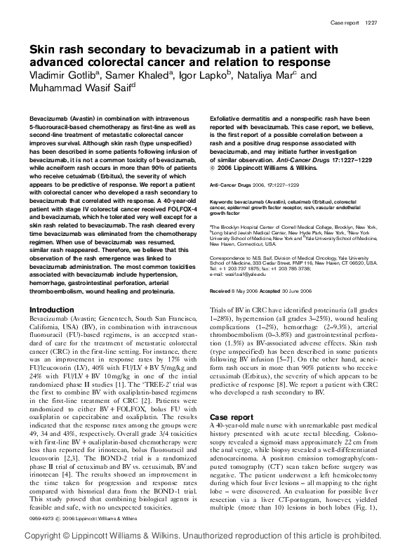 Pdf Skin Rash Secondary To Bevacizumab In A Patient With Advanced